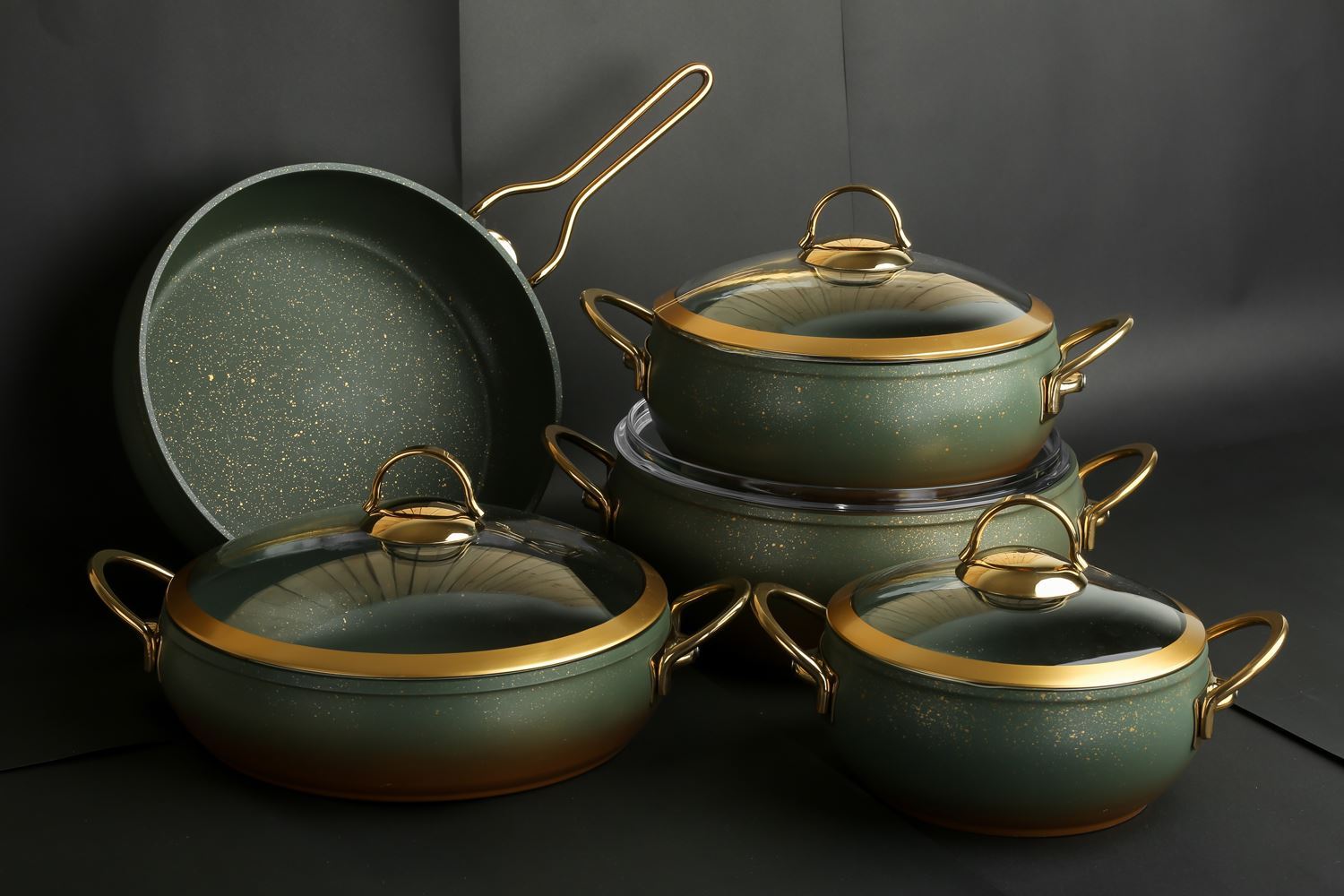 Green Color Granite Cookware Gold Glass Cover. Parem | Deluxe Series