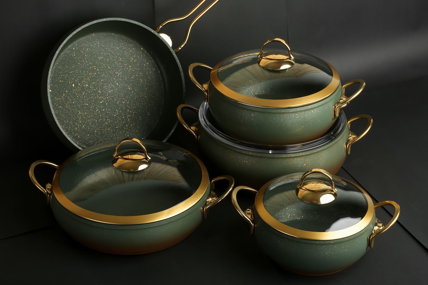 Green Color Granite Cookware Gold Glass Cover. Parem | Deluxe Series